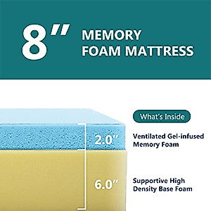 HOMES: Inside + Out Zinne Queen Mattress, 8 Inch Memory Foam Mattress Gel Mattress Twin for Cool Sleep Pressure Relief, Medium Firm King Mattress CertiPUR-US Certified/Bed-in-a-Box/Pressure Relieving