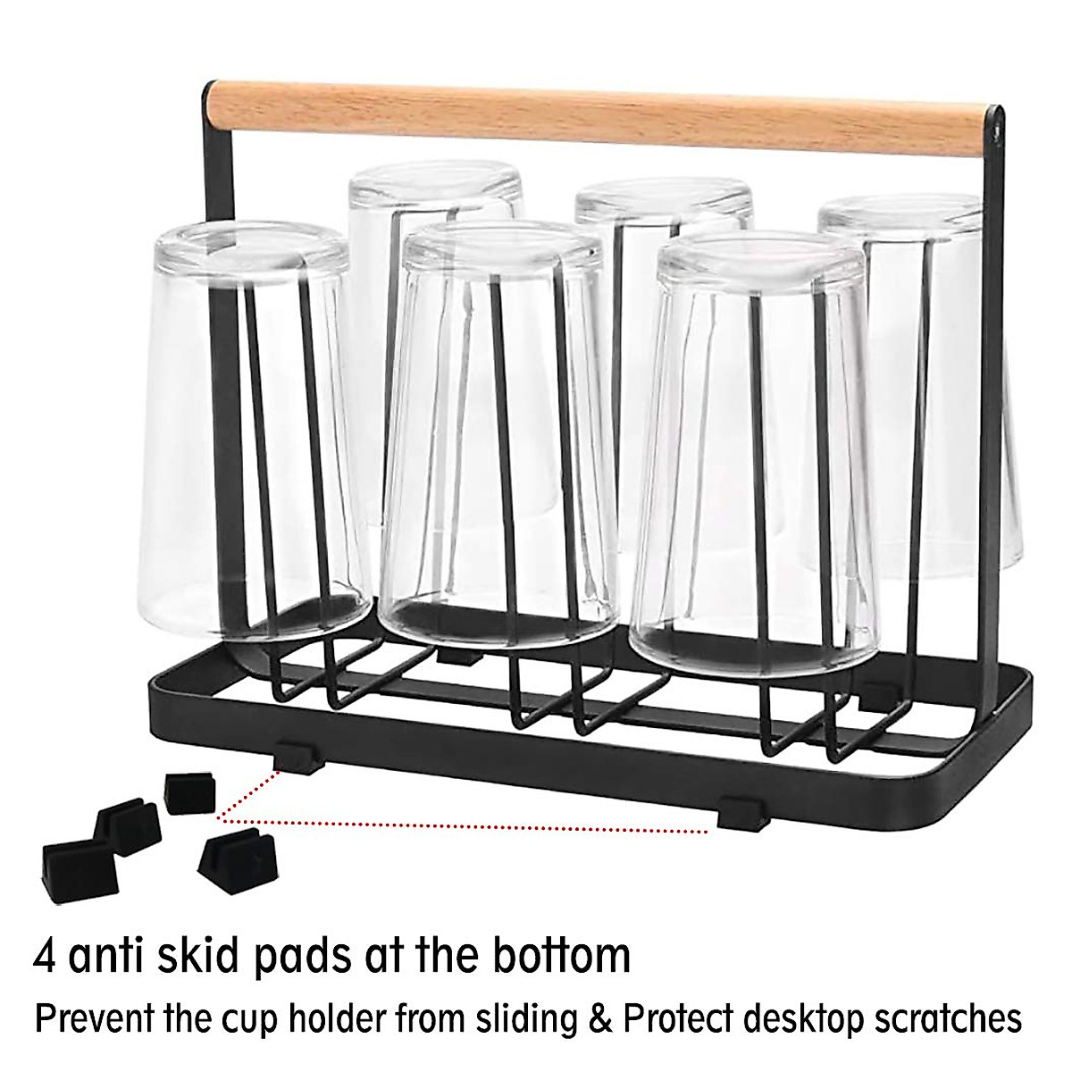 Mukkuri Cup Drying Rack Stand,Beer Glasses Rack 6 Cup Metal Drainer Holder Rack Non-Slip Mugs Cups Organizer with Wood Handle, Black