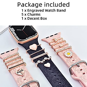 OULRAEFS Apple Watch Band with Charms (iWatch Bands Included) Compatible with Apple Watch Bands 38mm 40mm 41mm Series 8 7 SE 6 5 4 3 2 1 Floral Engraved Silicone Bands with Decorative Ring Loops Accessories, Pink