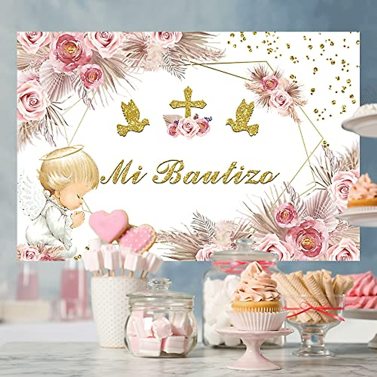 5x3ft Mi Bautizo Backdrop for Girl Baptism Gold Bless Background Boho Pink Flower Golden Dots Photography Baby Shower Banner Party Decorations Floral Newborn Photo Booth Props Supplies