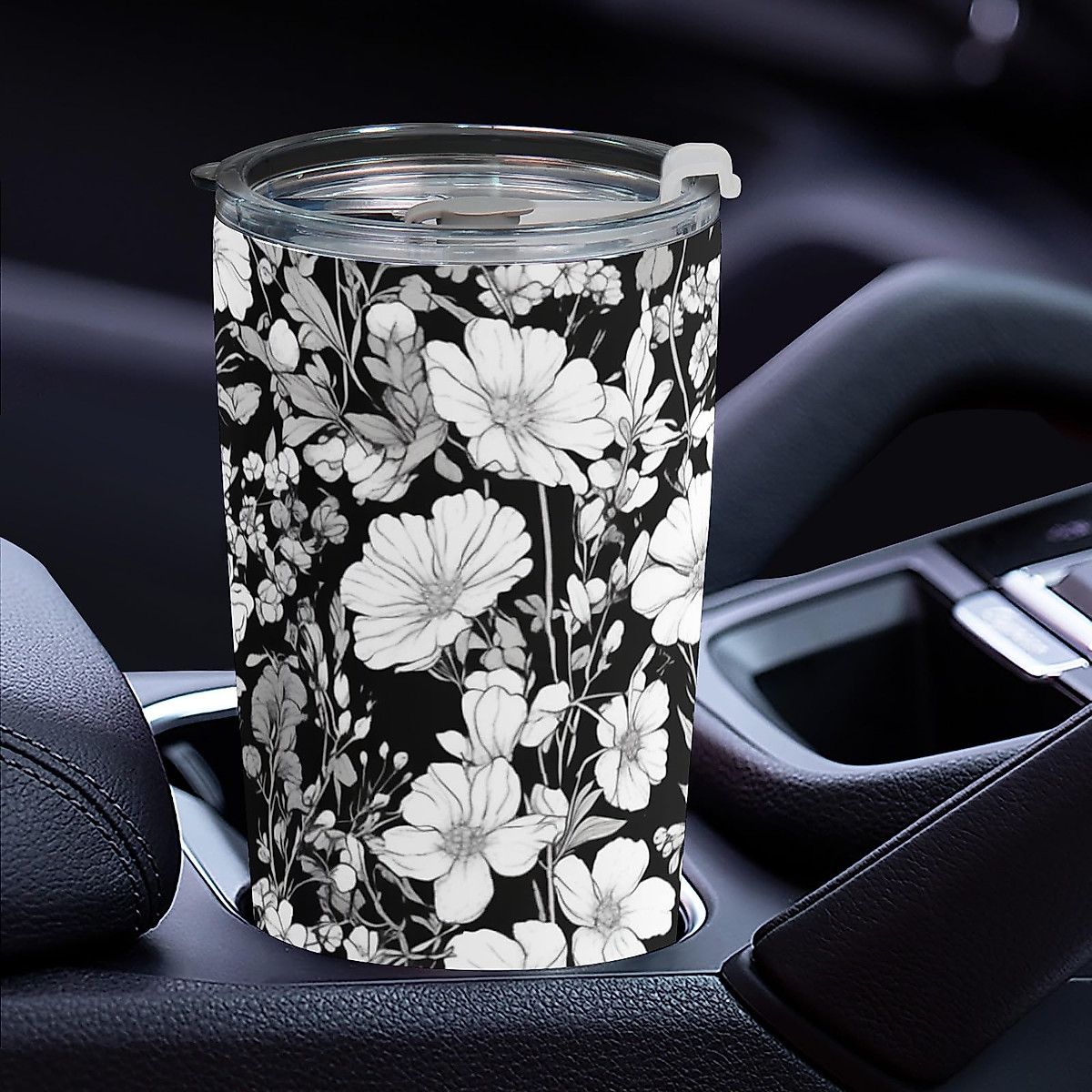 QWEUIOP 20oz Insulated Travel Coffee Mug Hand Drawn White Flowers Stainless Steel Tumbler with Lid Double Wall Vacuum Coffee Cup For Hot and Cold Drinks14494