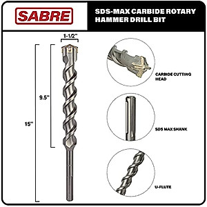 Sabre Tools - 1-1/2 Inch x 15 Inch SDS MAX Rotary Hammer Drill Bit, U-Flute, Carbide Tipped for Brick, Stone, Concrete SDS MAX Drivers ONLY (1-1/2inches x 9.5inches x 15