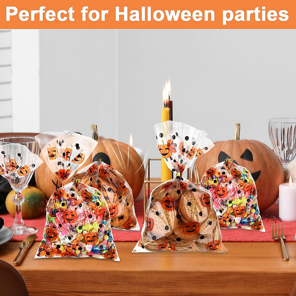 Halloween Pumpkin Print Cone Cellophane Bags Heat Sealable Halloween Treat Candy Bags Gift Bags and Golden Twist Ties for Halloween Treat Party Favor (100 Sets)
