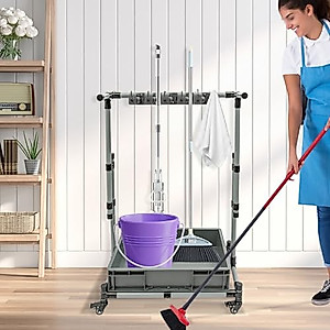 Freestanding Broom Mop Holder with Water Tank, Floor Standing Cleaning Tool Cart with Universal Wheel, Cleaning Supplies Organizer for Store and Dry Brooms, Mop