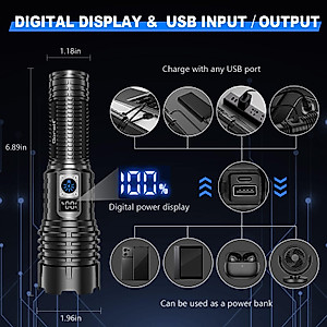 Goreit Flashlights LED High Lumens Rechargeable, 980,000 Lumens XHM77.2 Super Bright Flash Light USB, Handheld Flashlight High Powered,Powerful Flashlight Waterproof for Emergency Camping