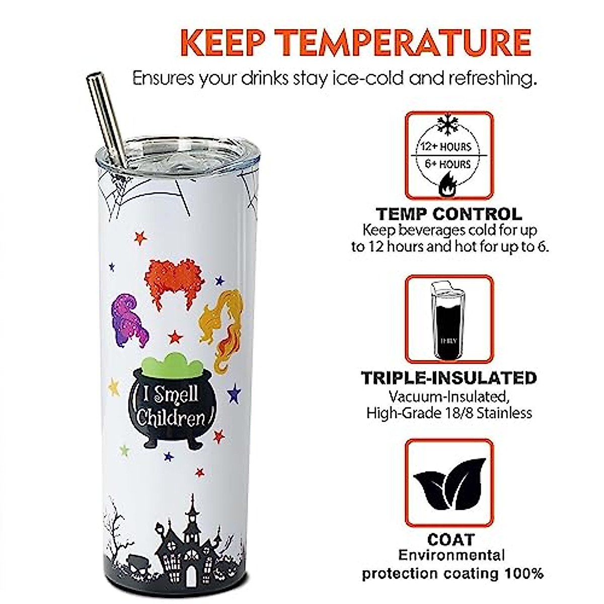 Yuzlin Witch Tumbler with Lid and Straw Halloween Coffee Travel Mugs Witch Stuff Merchandise Cups Halloween Skinny Tumbler Halloween Insulated Stainless Steel Tumbler 20OZ