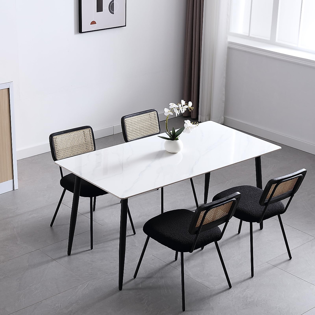 ZH4YOU Black Rattan Dining Chairs Set of 4, Mid Century Modern Chairs with Cane Back Upholstered Boucle Kitchen Chairs Armless Side Chair with Metal Legs for Dining Room/Living Room, Black Sherpa