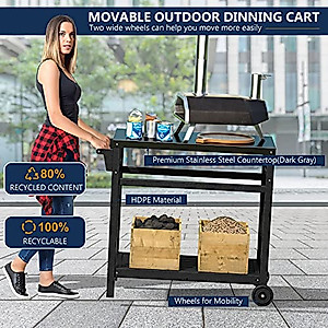 Outdoor Prep Dining Table,Movable Pizza Oven Stand, Stainless Steel Patio Bar Cart,Patio Grilling Backyard BBQ Grill Cart,Dark Gray Tabletop（Black）