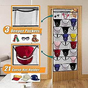 YOUHODA Hat Racks for Baseball Caps with Fixed Velcro, 24 Pockets Over-the-door Hat Organizer with 3 Hooks, 21 Curve Cap Holder & 3 Deep Storage Pockets, Gray