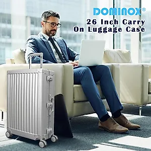 DOMINOX All Aluminum Carry On Luggage Hard Shell Luggage Aluminum Suitcase for Travel Zipperless Luggage Checked Luggage with Silent 360° Spinner Wheels 26 In. (Vertical Grain Style, Sliver)