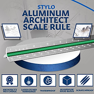 Stylo Aluminum Architect Scale Ruler 12" Laser Etched Triangle Drafting Ruler with Color - Coded Grooves for Blueprint, Drafting and Drawing - Imperial Architectural Scale Ruler for Blueprints