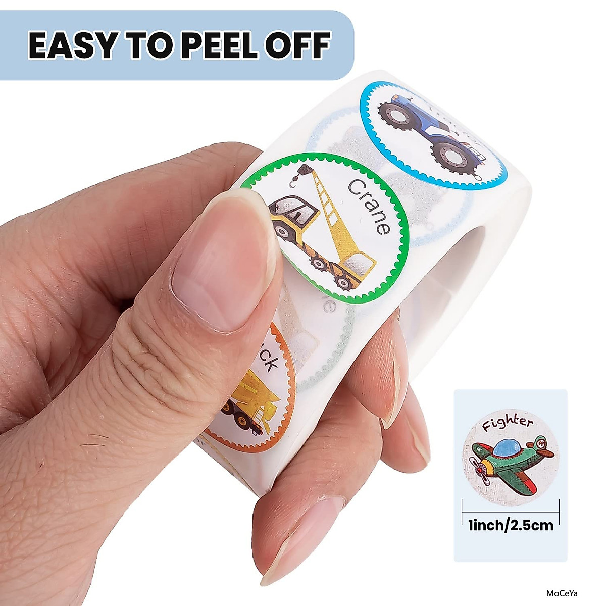 2000 Pcs MoCeYa Stickers for Kids School Stickers Potty Training Stickers 4Rolls 32Designs 1inch (2000 Construction Dino Stickers)