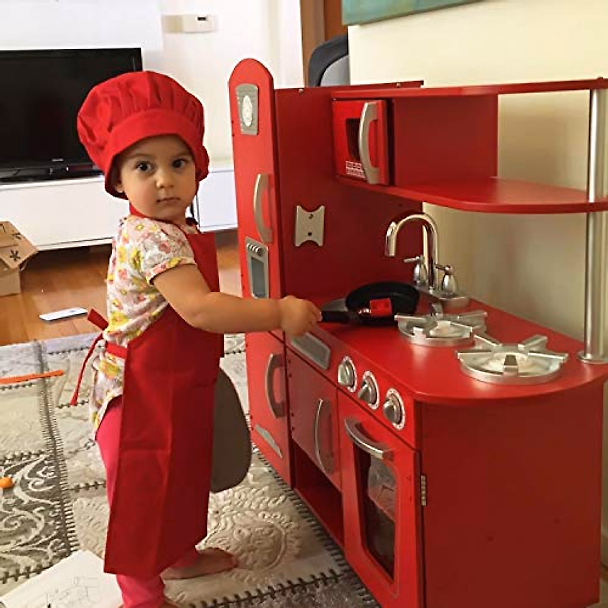 Novelty Place Kid's Apron with Chef Hat Set (3 Set) - Children’s Bib with Pocket Skin-friendly Fabrics - Cooking, Baking, Painting, Training Wear - Kid's Size (6-12 Year, Red)