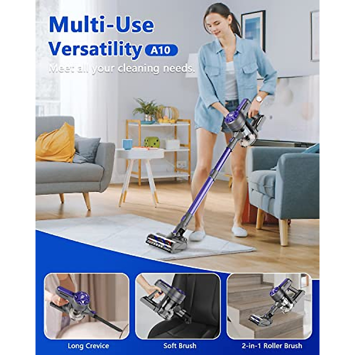 Cordless Vacuum, Stick Cordless Vacuum Cleaner with 2200mAh Powerful Lithium Batteries, Up to 30 Mins Runtime Handheld Vacuum Cleaner, 4 in 1 Lightweight Quiet Vacuum Cleaner Perfect for Hardwood