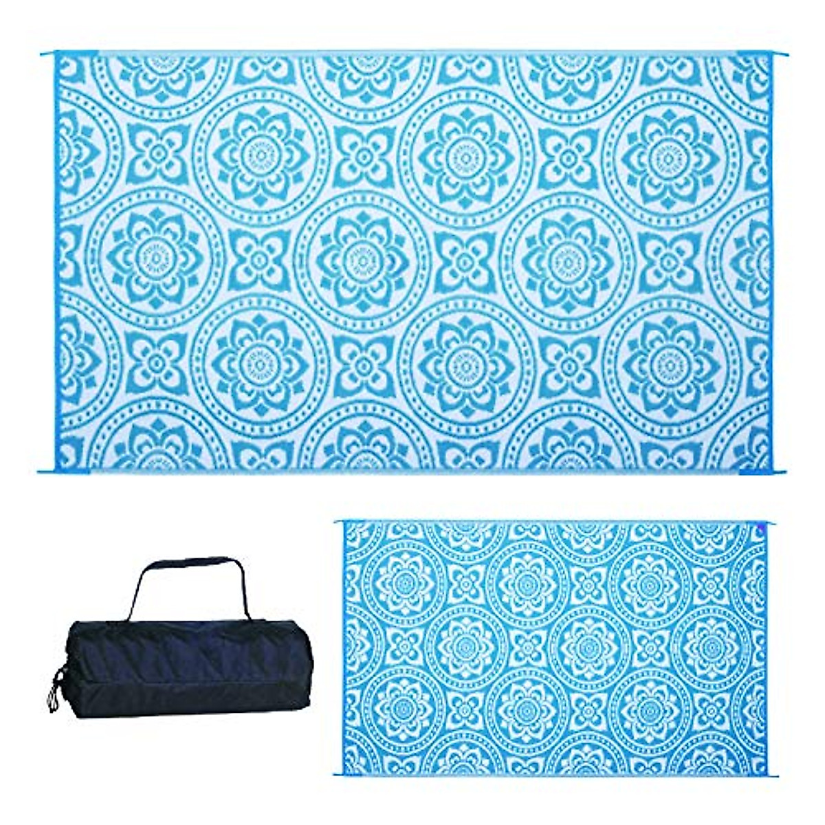 Stylish Camping 255083 5-feet by 8-feet Reversible Mat, Plastic Straw Rug, Large Floor Mat for Outdoors, RV, Patio, Backyard, Picnic, Beach, Camping - Leaf Mat (Turquoise/White)