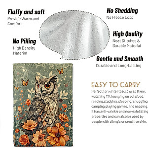Orange Floral and Owl Throw Blanket Bedding Gifts, for Girls Boys Kids, 50x60 in, Woodland Wisdom Animal Themed Flannel Blankets for Bed, Travel, Camping, Sofa, Room Decor, Cozy Warm Plush Soft