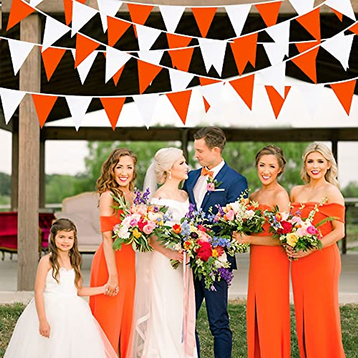 32Ft Orange White Triangle Flag Fabric Banner Pennant Garland Bunting Streamers for Fall Decor Autumn Wedding Birthday Party Thanksgiving Day Graduation Home Nursery Outdoor Garden Hanging Decoration