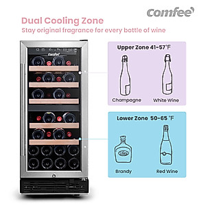 COMFEE' CRW28B7AST Freestanding & Built-in Wine Cooler, 28 Bottles Wine Fridge, Dual Cooling Zone, Digital Control, Glass Door Stainless Steel Frame