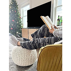 FRELISH DECOR Round Pouf Ottoman Hand Knitted Cotton Poufs Footrest,Foot Stool, Knit Bean Bag Floor Chair for Bed Room Living Room | Accent Seat | Boho Decor | Stuffed Pouffe (20x20x14 Inch, Natural)