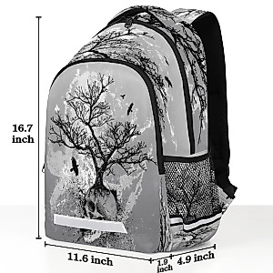 YoCosy Black Bird Grey Gothic Skull Tree Backpack School Bookbag Laptop Purse Casual Daypack for Teen Girls Women Boys Men College Travel