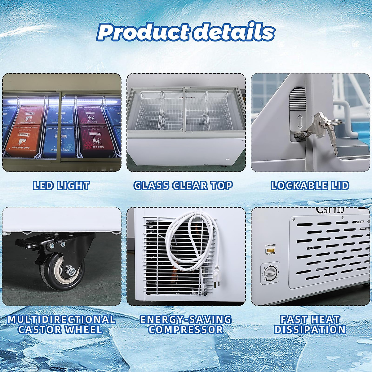 NAFCOOL 12.4 Cu.Ft Commercial Chest Freezer with LED Light,Temp Rang -8°F and 0°F,Glass Top Display Chest Freezer with 6 Removable Wire Baskets,Sliding Lids, Lock,Caster Wheels, White