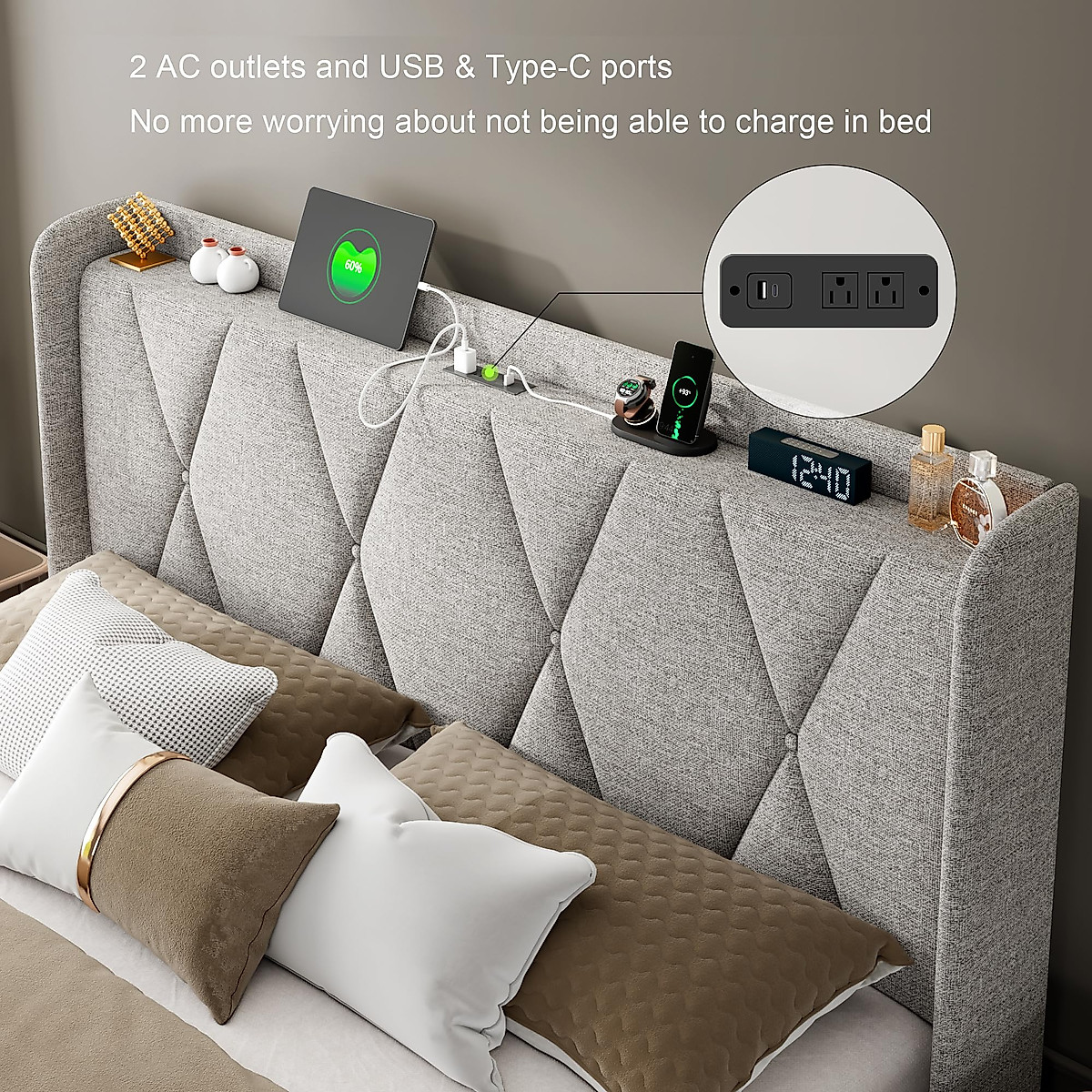 Feonase Queen Bed Frame with 4 Storage Drawers, Upholstered Button Tufted Storage Headboard with Fast Charging Station, Heavy Duty Slats Support, No Box Spring Needed, Noise-Free, Light Grey