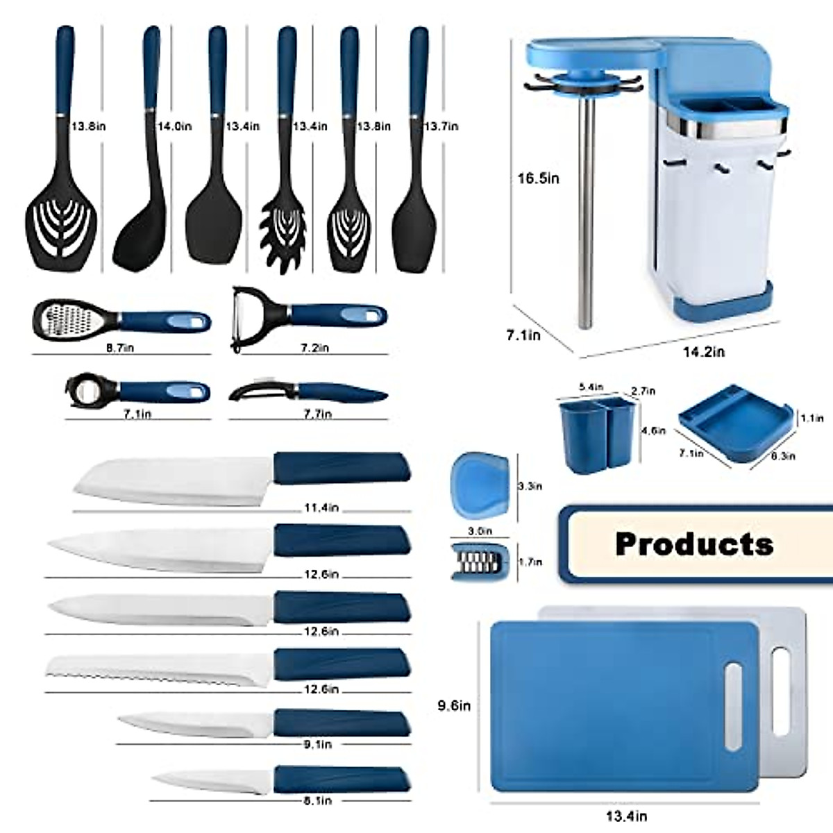 FIVETAS Kitchen Utensils Set with Holder, Nylon Cooking Utensils Set,6Pieces Stainless Steel Knives Set for Kitchen,Vegetable Peeler Knife,Cheese Grater,Cleaning Brush and 2 Plastic Cutting Boards.