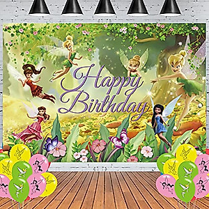 SAIAODI Tinkerbell Birthday Party Banner Backdrop, Fairy Flower Party Decorations for Kid Party Supplies Happy Birthday Banner Tinkerbell Teme Party Decorations Photography Background