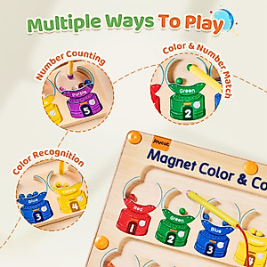 JoyCat Magnetic Color & Number Maze - Montessori Wooden Color Matching Learning Counting Puzzle Board - Toddler Fine Motor Skills Toys for Boys Girls 3 4 5 Years Old