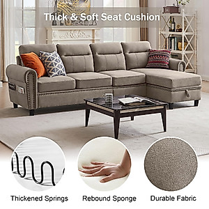 Jarenie 107" Convertible Sectional Sofa, 4-Seat L Shaped Couch with Storage Chaise and Side Pocket, Modern Linen Fabric Sectional Couches for Living Room, Beige