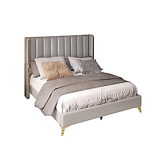 King Size Bed Frame, Upholstered Platform Bed with Tall Channel Tufted Headboard, Classic Modern Grey Mattress Foundation with Thickening Pine Wooden Slats and Metal Leg, No Box Spring Needed