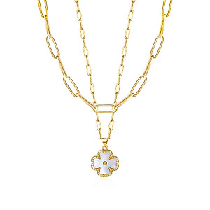 ITS4YEO Four Leaf Clover Pendant Necklace Double Layer Chain 14K Gold Plated Birthday Valentine's day Jewelry Gift for Women Wife