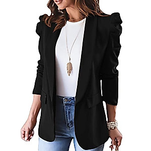 KIRUNDO Women's 2023 Fall Casual Blazers Puff Sleeve Lapel Open Front Work Suit Office Blazer Jackets with Pockets (Black, Medium)