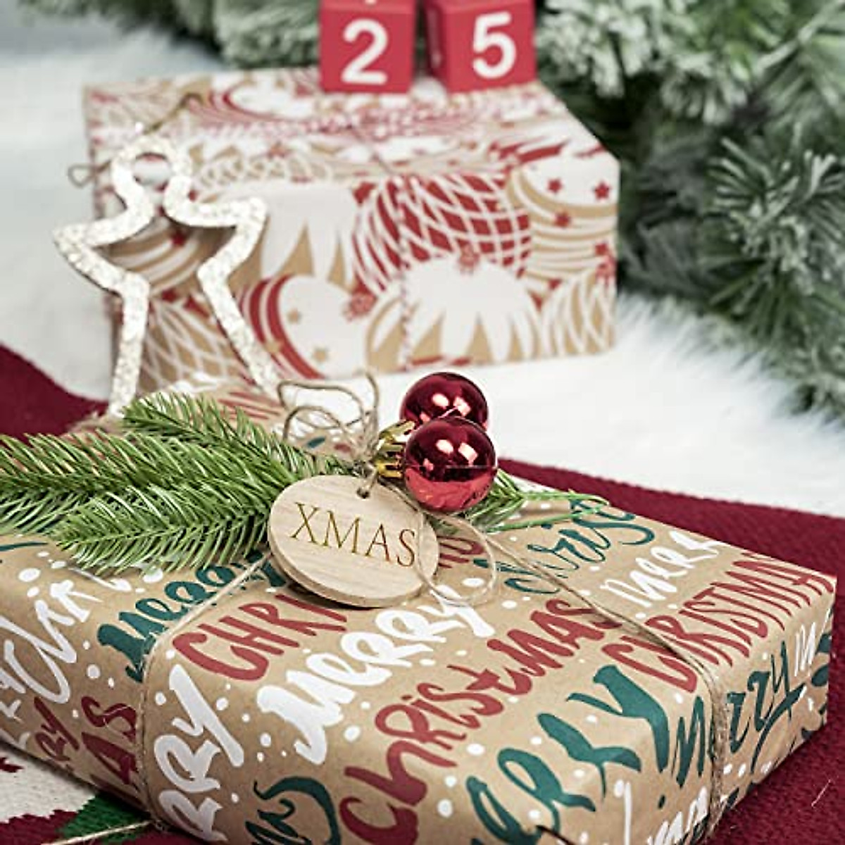 RUSPEPA Christmas Wrapping Paper Rolls with Tags and Jute String - 17 inches x 10 feet per Roll, Total of 3 Rolls