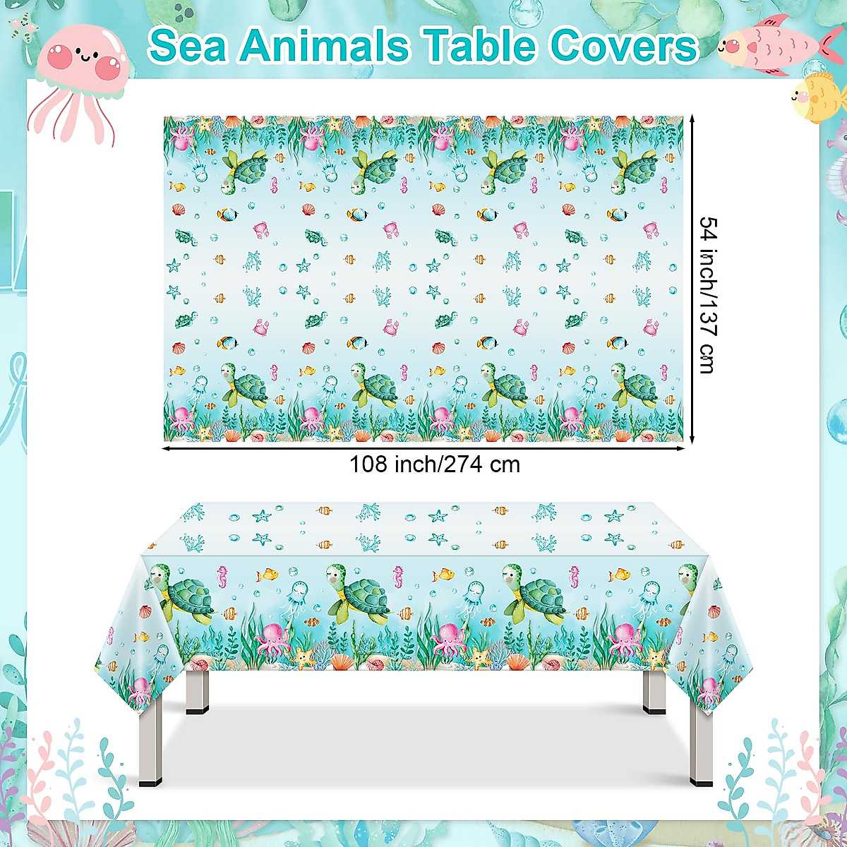 Preboun Ocean Turtle Tablecloth, 3 Pcs Plastic Disposable Rectangular 54 x 108 Inch, Stain Resistant Waterproof Table Covers for Sea Party, Baby Shower Decorations, Birthday, Summer