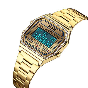 MASTOP Luxury Women Watches Full Steel Electronic LED Digital Fashion Ultra Thin Square Ladies Wrist Watches (Black) (Gold)