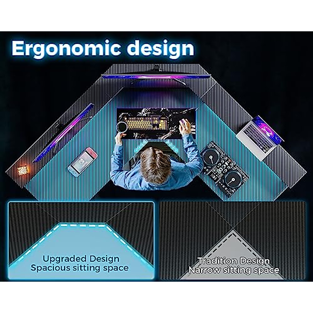 Coleshome L Shaped Gaming Desk with LED Lights & Power Outlets, Reversible 56" Computer Desk with Full Monitor Stand & Storage Shelves, Ergonomic Home Office Corner Desk, Black Carbon Fiber