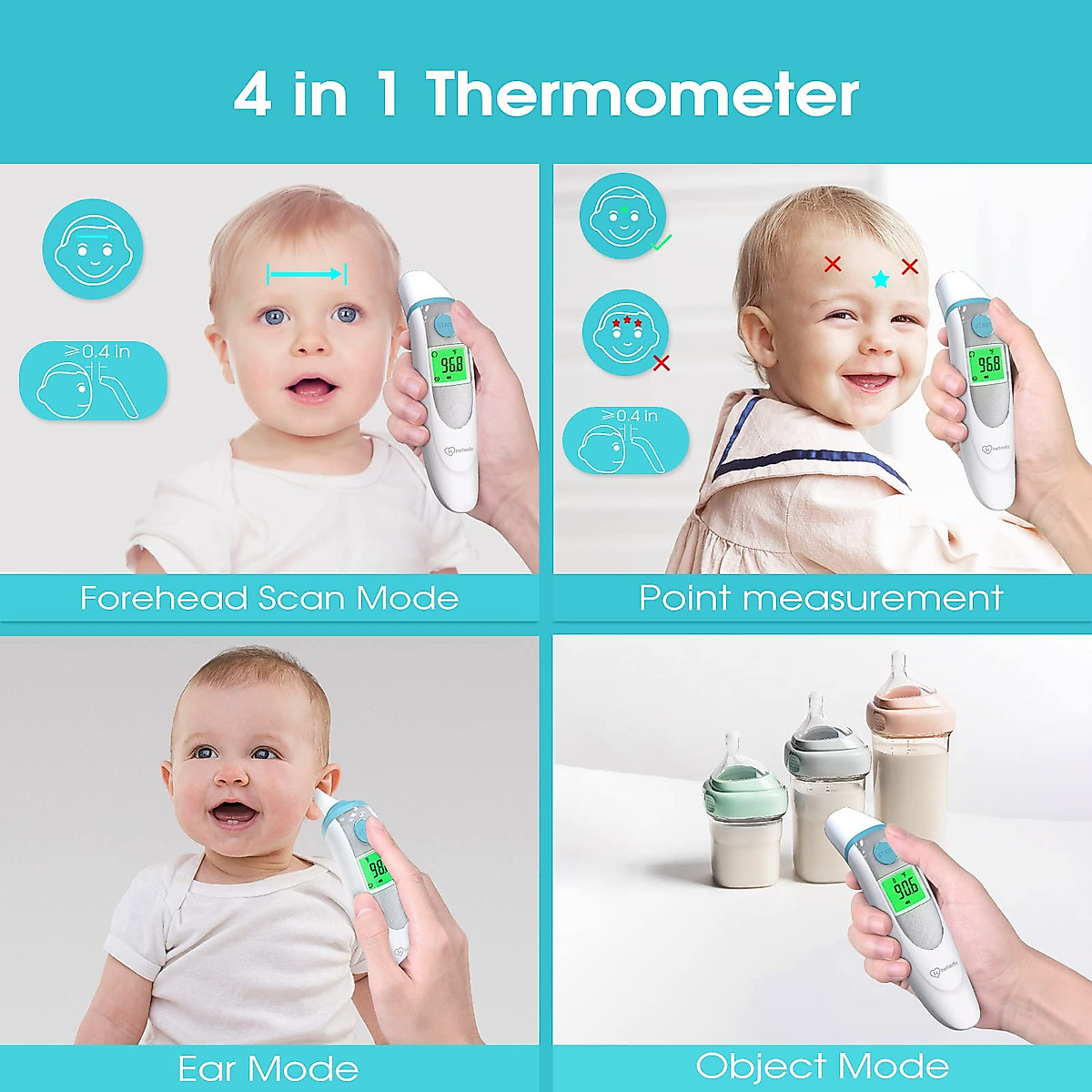 Forehead Thermometer for Adults, 4 in 1 Ear Thermometer for Kids, No Touch Baby Thermometer, Digital Thermometer with Fever Alarm and Object Measurement - Fast, Reliable and Accurate (White)