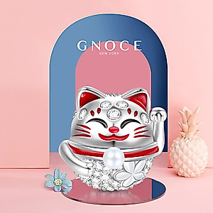 GNOCE Lucky Cat Charms for Women Sterling Silver “Wish You Luck” Cute Cat Bead Charm with Cubic Zirconia Fit Bracelet Necklace Gifts for Daughter & Friends Pet Lovers (Lucky Cat)