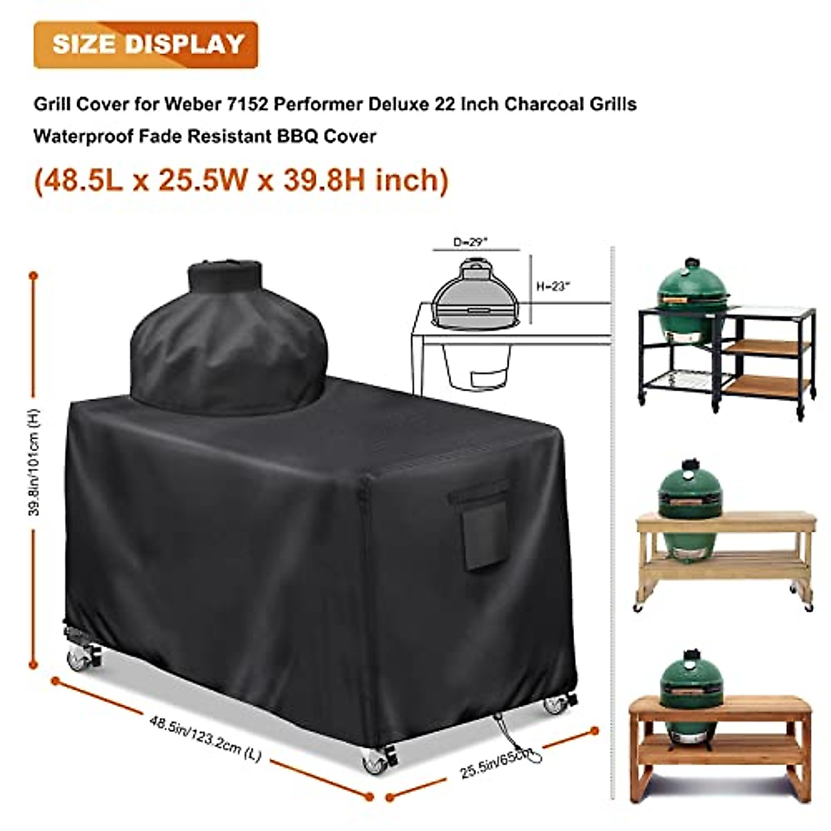 Big Green Egg Table Cover 60 Inch Ceramic BBQ Grill Cover,600D Heavy Duty Green Egg Cover, UV & Dust & Rip & Fading Resistant,Black (60" Lx27 Wx31 H)