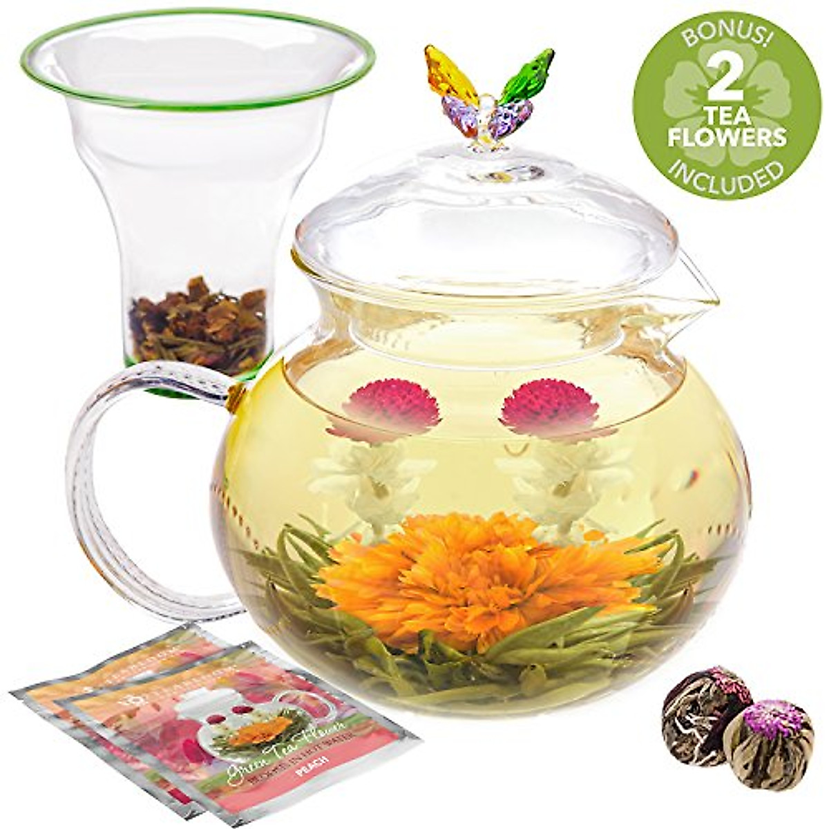 Teabloom Wings of Love Teapot - 40 oz. Borosilicate Glass Butterfly Teapot, Loose Leaf Tea Glass Infuser - 2 Free Blooming Tea Flowers included