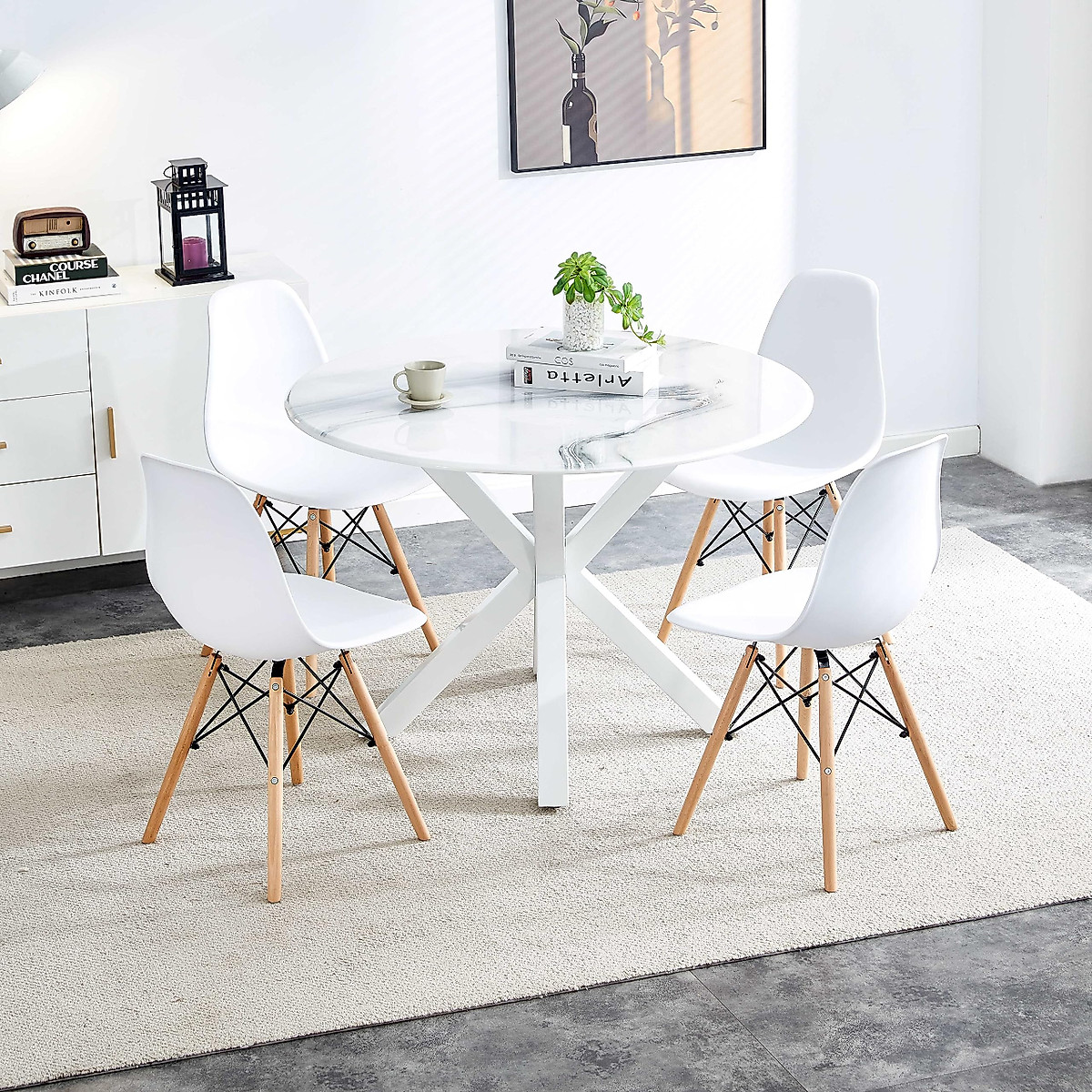 42" Round Dining Table for 4, White Tulip Table,Mid-Century Modern Circle Table with Faux Printed Marble Top and Metal Cross Legs for Home and Kitchen Small Space