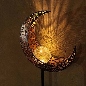 Joyathome Garden Solar Stake Lights Pathway Outdoor Moon Crackle Glass Globe Stake Metal Lights, Waterproof Warm White LED for Lawn, Patio or Courtyard