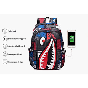 nrseag Travel shark Backpack Laptop Backpack with USB Charging Port, Durable Anti Theft School Computer shark Bag Bookbag for Boys Girls, Black5, 17 IN