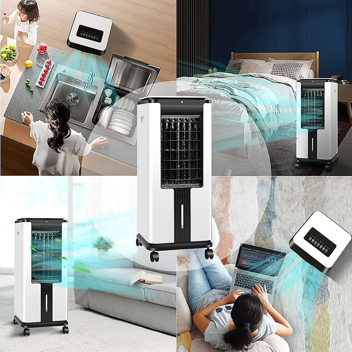 Portable Electric Air Conditioner Unit—2-1 Air Cooler & Tower Fan with 3 Speeds/Modes,12H Timer,with remote and 2 Ice Packs,7L Large Water Tank for Home,Office,Kitchen White