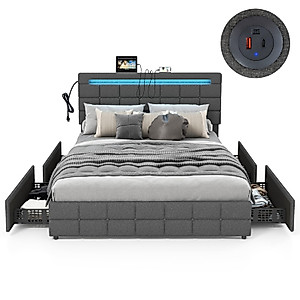 KOMFOTT Queen Bed Frame with Charging Station & LED Lights, Upholstered Platform Bed Frame with Adjustable Headboard & 4 Storage Drawers, Solid Wooden Slats Support, No Box Spring Needed, Noise Free