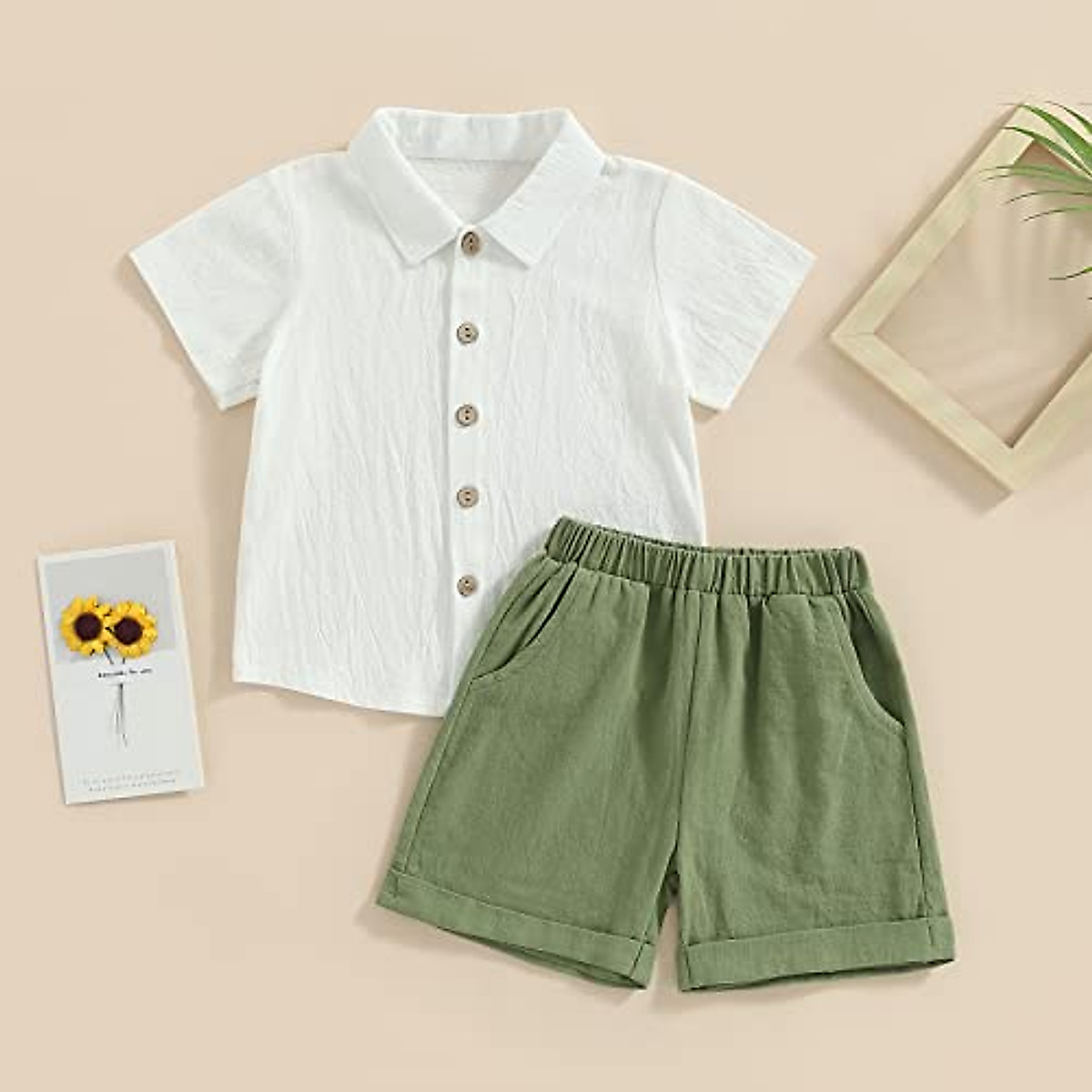 Karuedoo Toddler Baby Boy Clothes Cotton Linen Short Sleeve Button Down Shirt Shorts Set 2Pcs Summer Outfits (A-White Green, 3-4 Years)