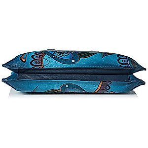 Anna by Anuschka Women's Genuine Leather Large V Top Multi-Compartment Cross Body | Hand Painted Original Artwork | Denim Paisley Floral