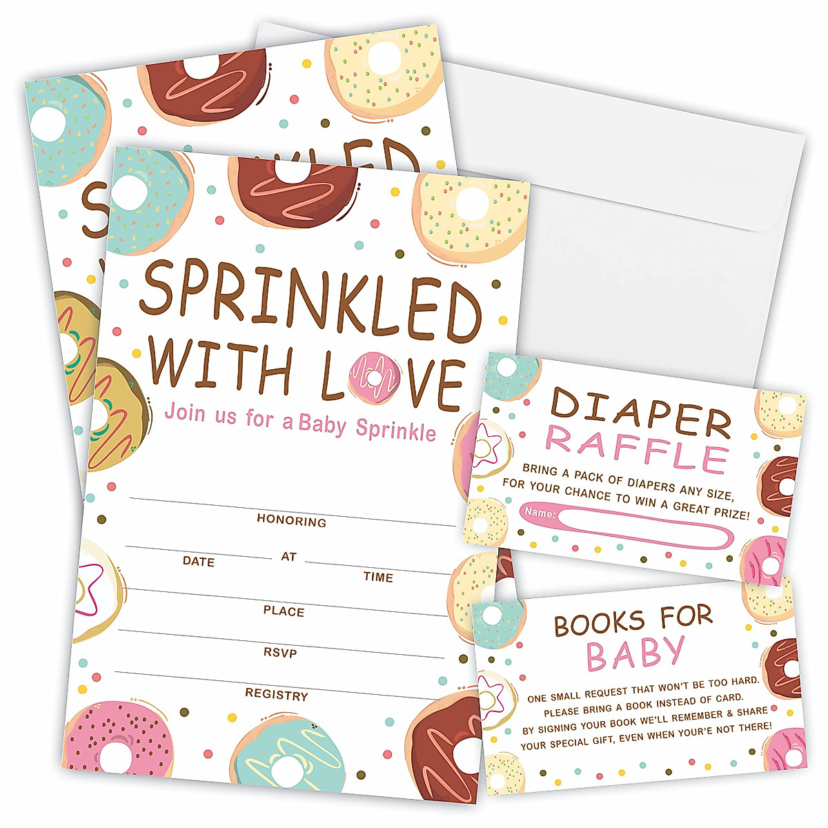 JCVUK Set of 25 Baby Shower Invitations with Envelopes, Diaper Raffle Tickets and Baby Shower Book Request Cards,Colored Donut Theme Babyshower Party For Boys or Girls(YQKTZ-B12)