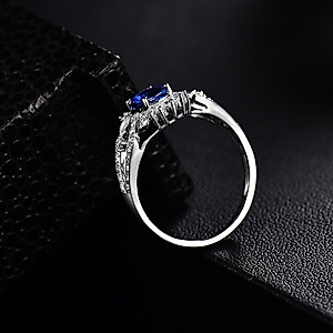 Lanmi 14K White Gold Natural Blue Sapphire Diamonds Ring Engagement Wedding Band for Women